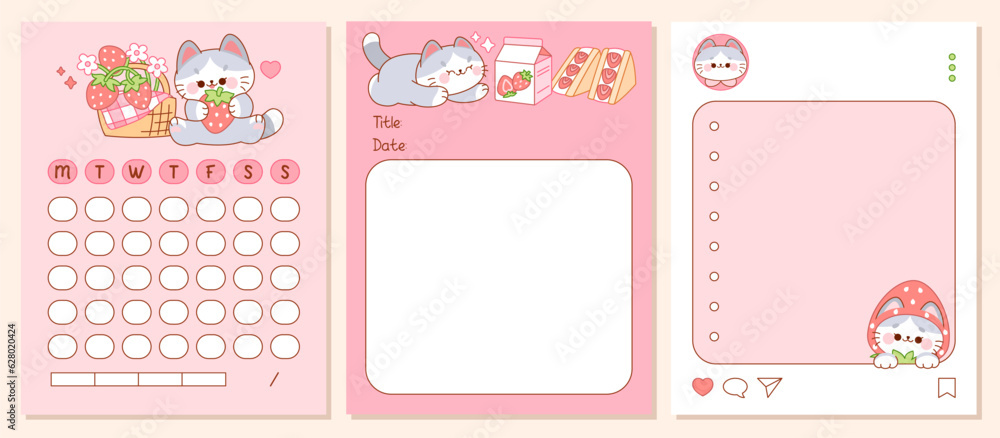 Kawaii Note Pad set with cat and strawberry dessert food. Weekly Plan, To Do List, Check List ...