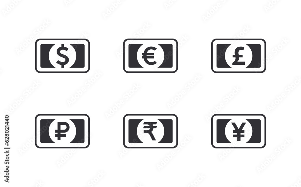 Currency icons. Dollar, euro, pound, rupee, yuan, ruble. Cash icon ...