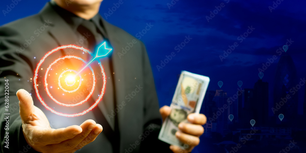 Businessman shows fire target icon. Finding or analyzing business goals ...