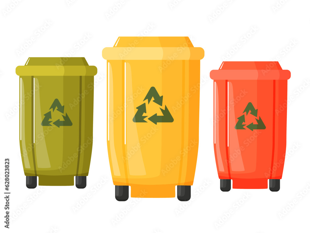 Different colored recycle waste bins. Waste types segregation recycling ...