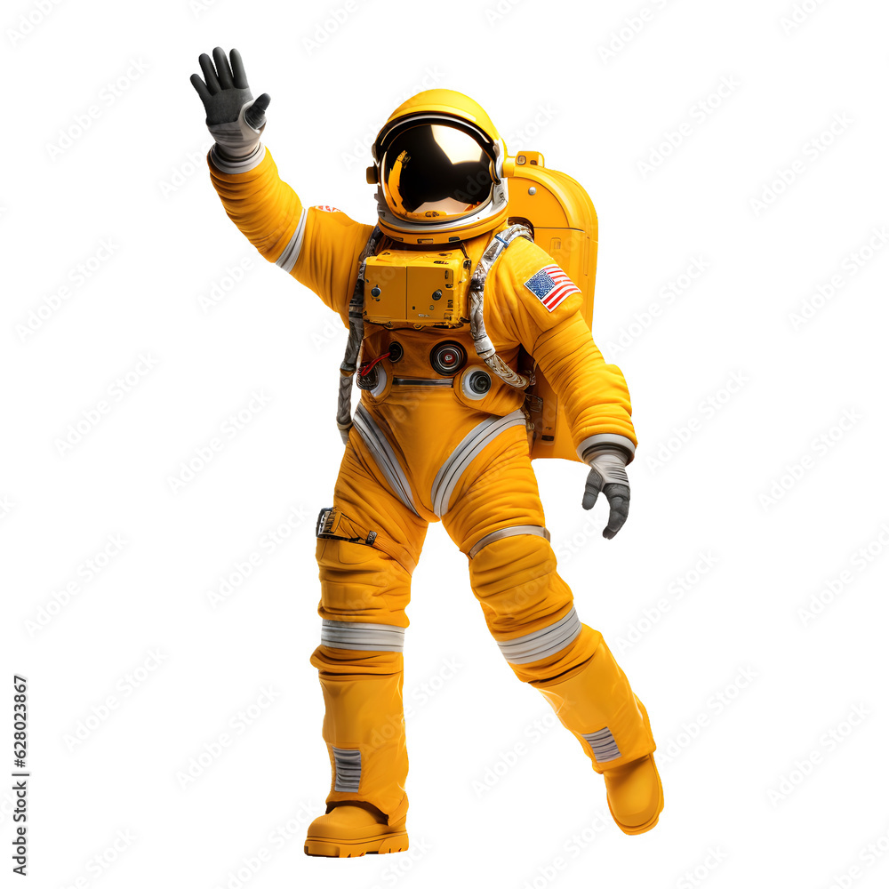 Astronaut waving hand hello or goodbye, space man in yellow space suit ...