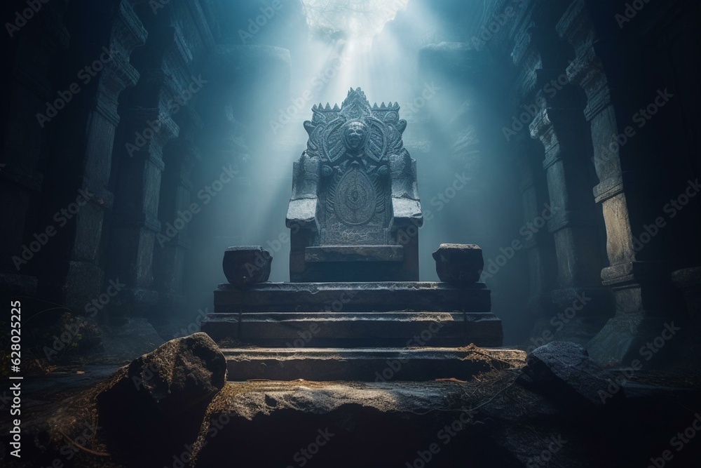 Ancient throne in stone sanctuary with celestial background, divine ...