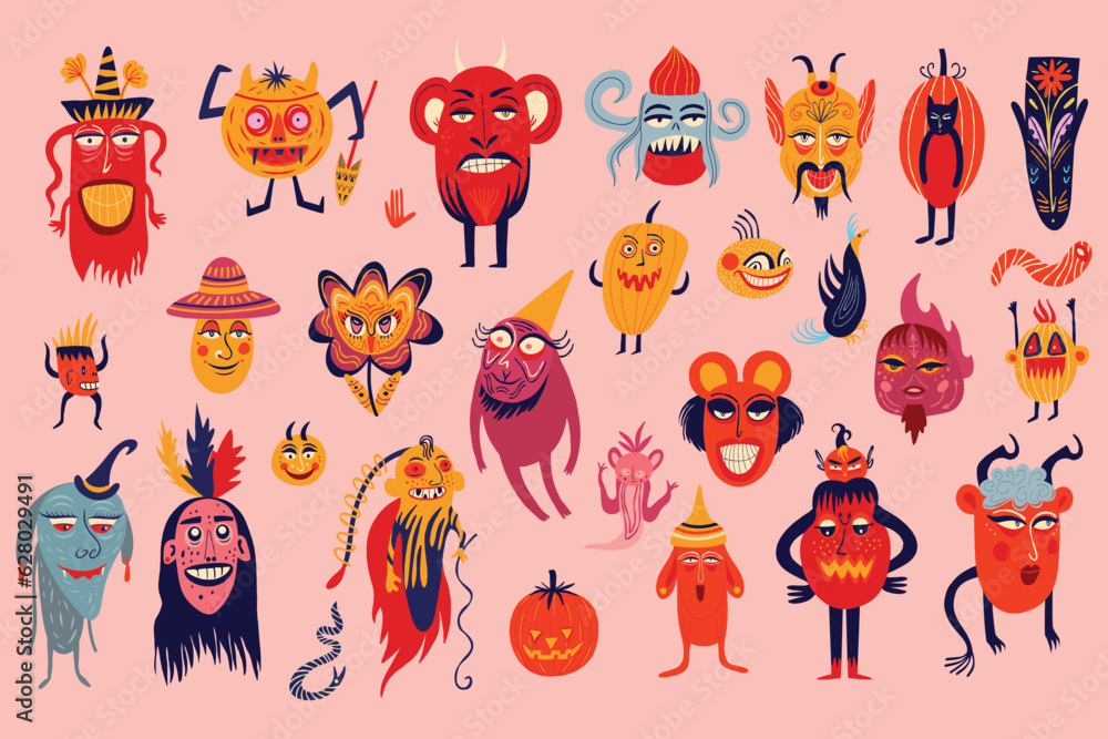 Vibrant bright Strange ugly Halloween characters. Cute bizarre comic ...