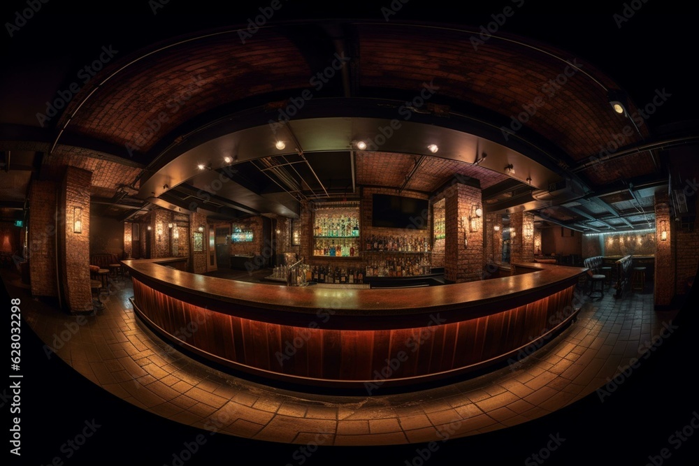 360 degree vintage nightclub bar panorama with brick wall and neon ...