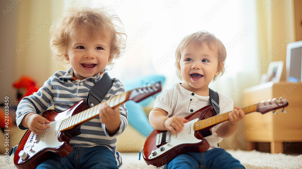 Smiling kids playing guitar, violin, flute in classroom at school Stock ...
