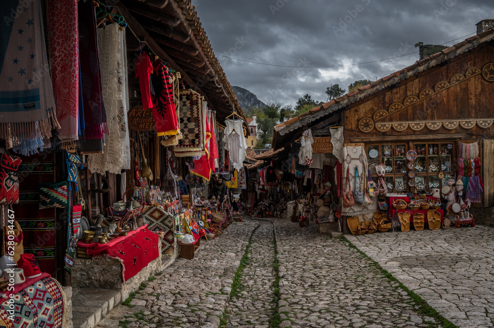 KRUJE, ALBANIA - NOVEMBER 2022: Traditional Ottoman market in Kruja ...