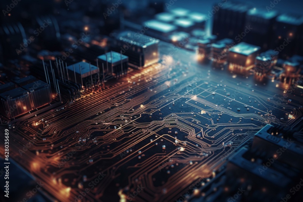 Techy background with electrical circuit pattern, microchip, power line ...