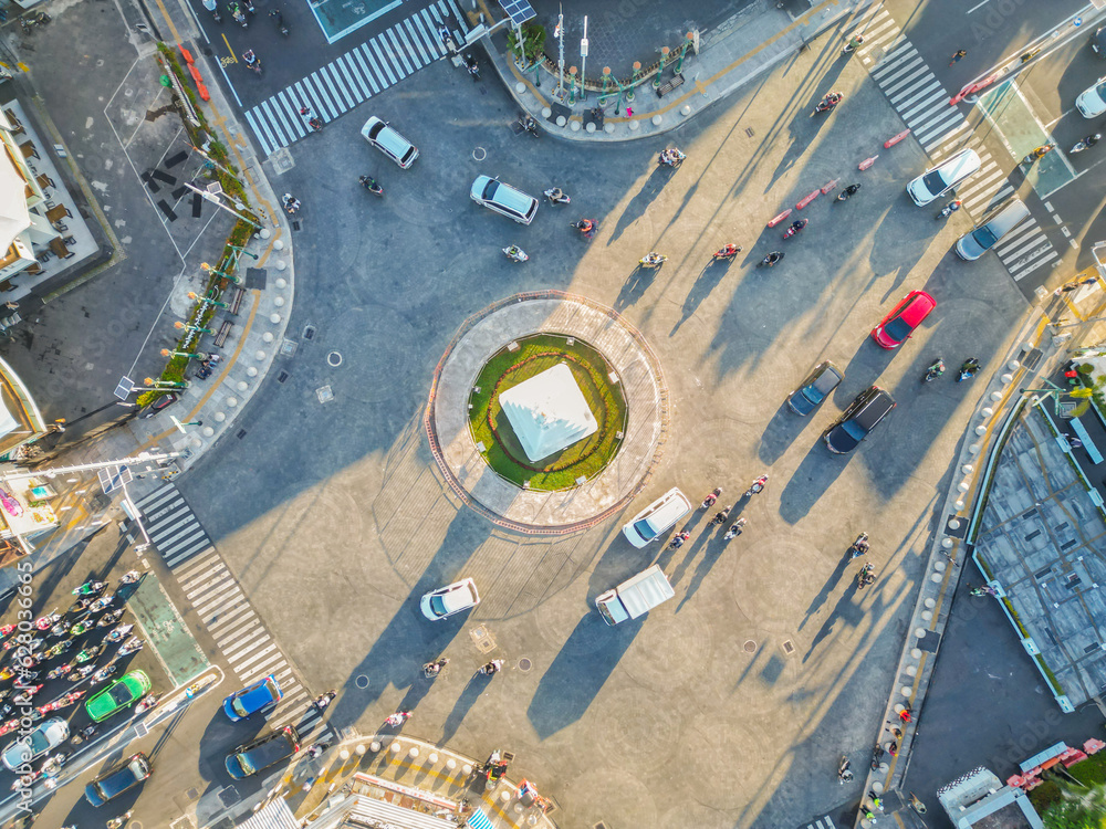Aerial view of Tugu Jogja or Tugu Pal with crowded vehicles traffic in ...