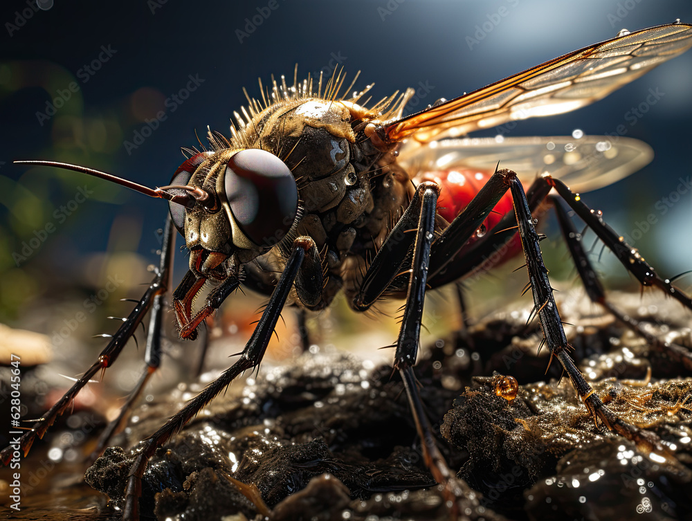 Photograph a mosquito while it is feeding, with its raised wings. This ...