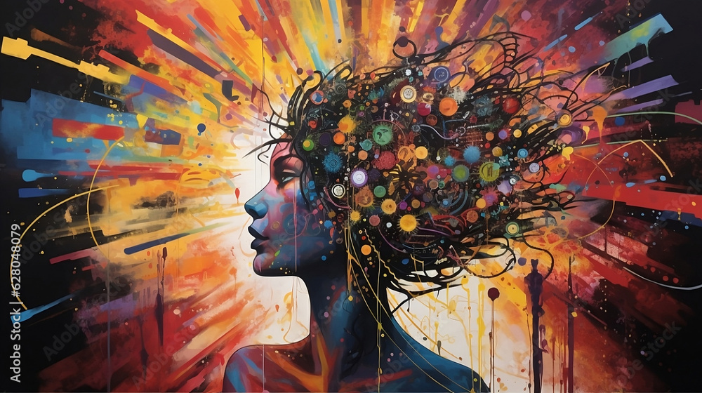 The silhouette of a human head radiating a vibrant aura, with cascading ...