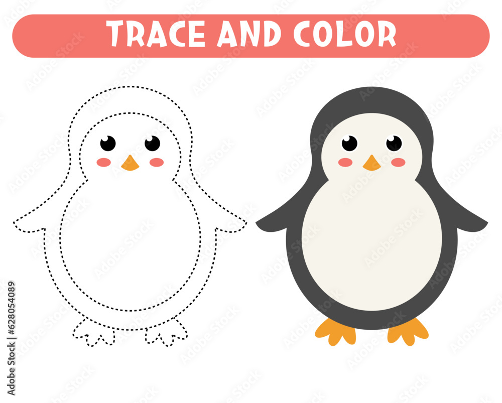 Trace and color cute little cartoon penguin. Worksheet for kids Stock ...