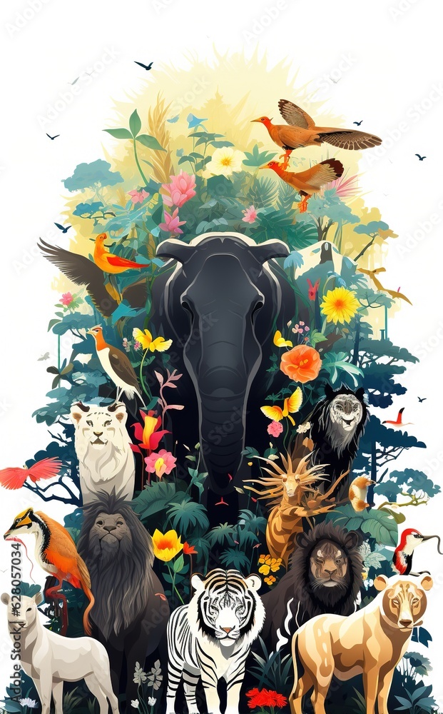 Wild animals in the jungle. illustration of wild animals and plants ...