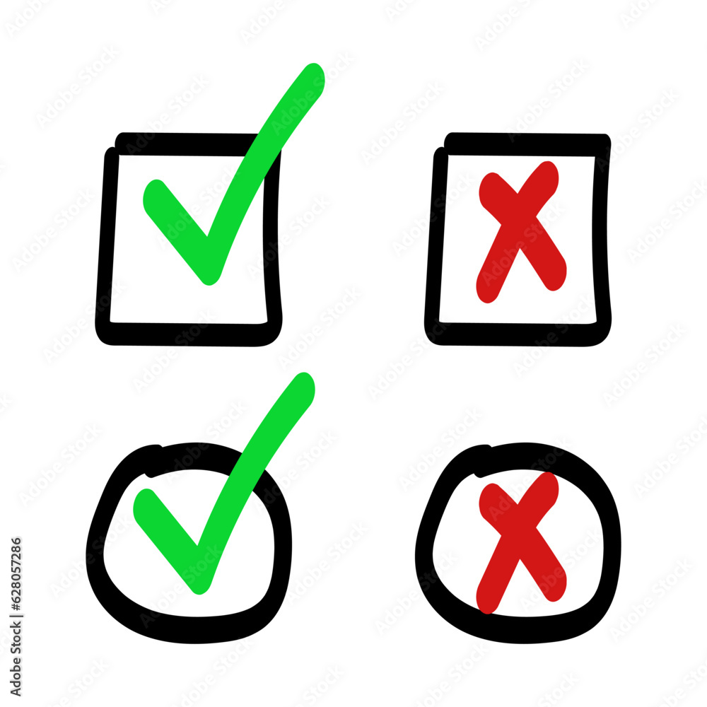Green check and red cross mark set. Hand drawn doodle sketch style ...