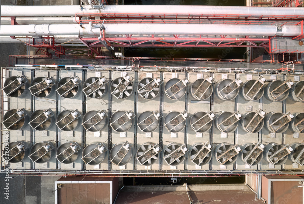Aerial view of the cooling units of a thermal power plant. Assembly of ...