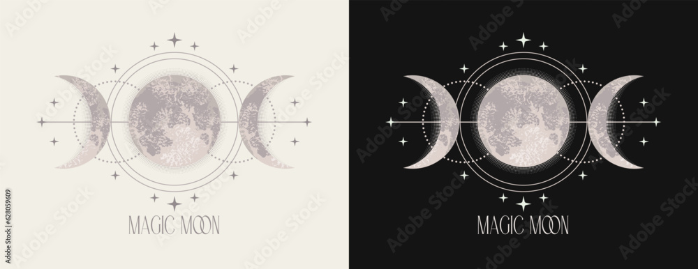 Label with moon, crescent, stars, triple moon sign. Wicca moon goddess ...