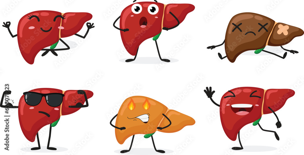 Cartoon Human liver organ emotion, set of Cute characters, Isolated on ...
