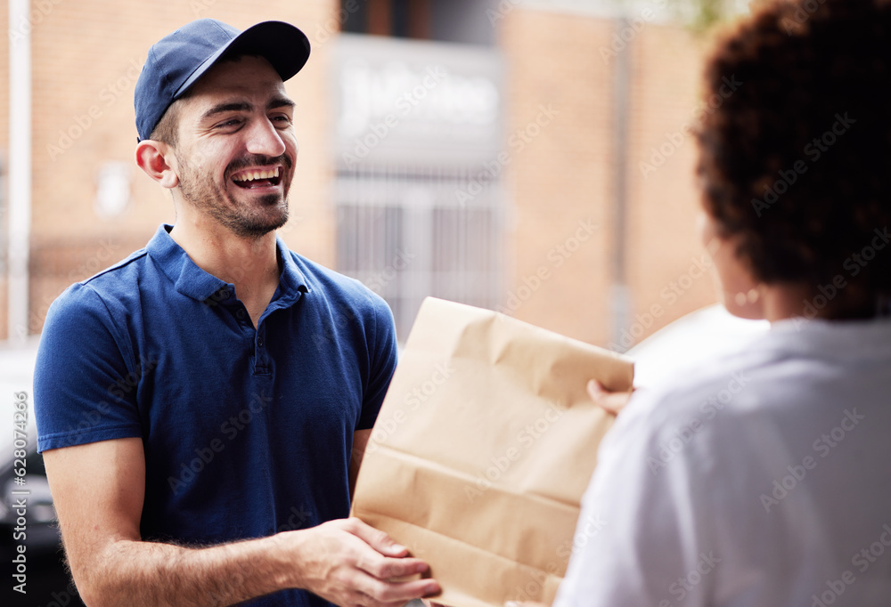 Happy delivery man, package and a customer at door with a paper bag for ...