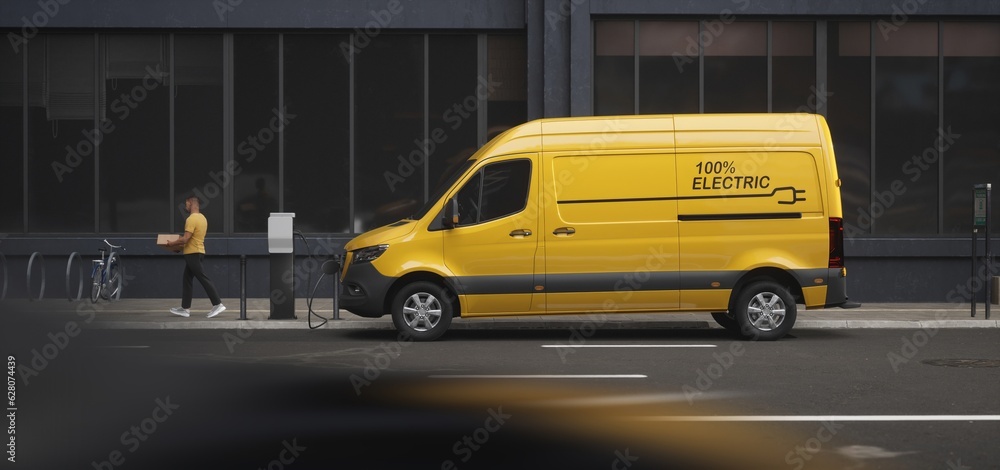 Generic electric EV delivery van charging on a charging station in city ...
