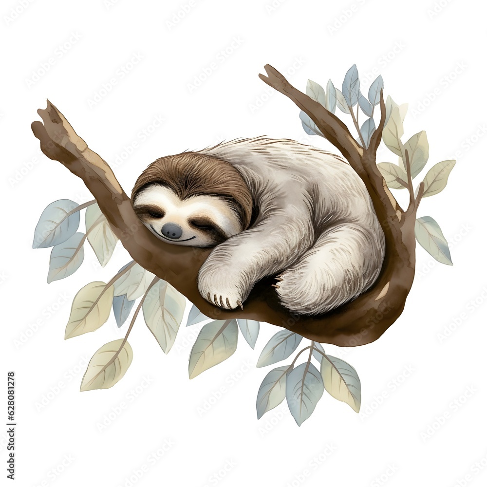 create a hand drawn watercolor clipart of a sleeping sloth, white ...