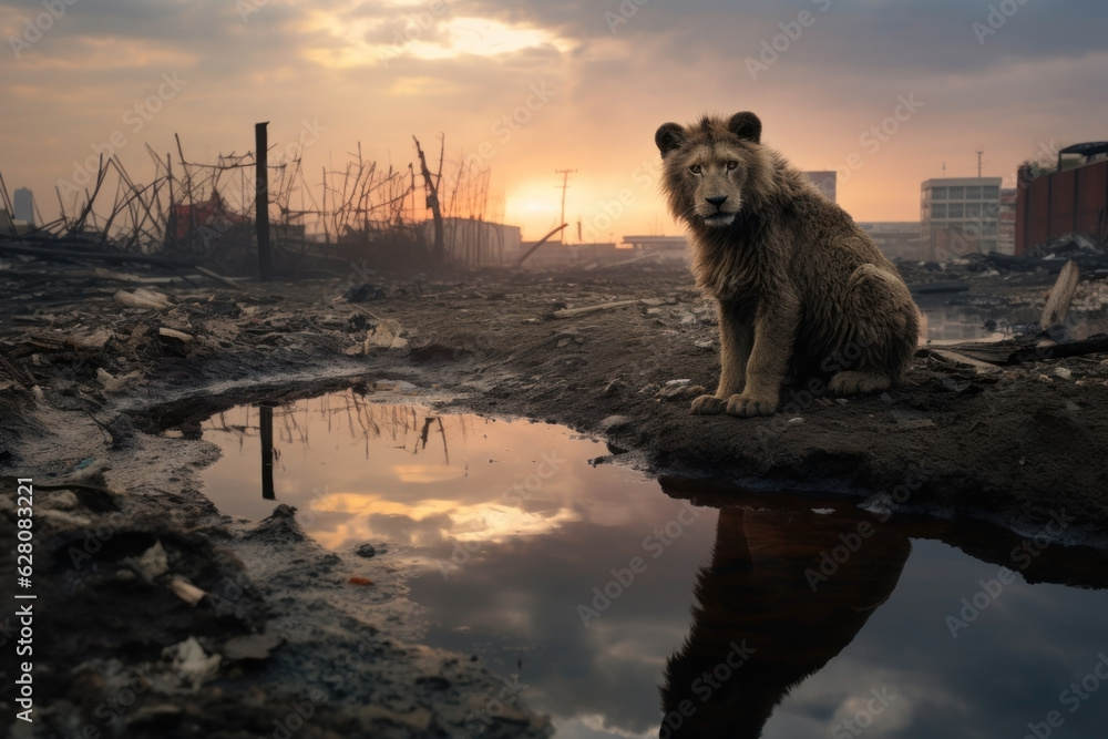 a sad abandoned orphan lion. endangered species. dying, extinction ...