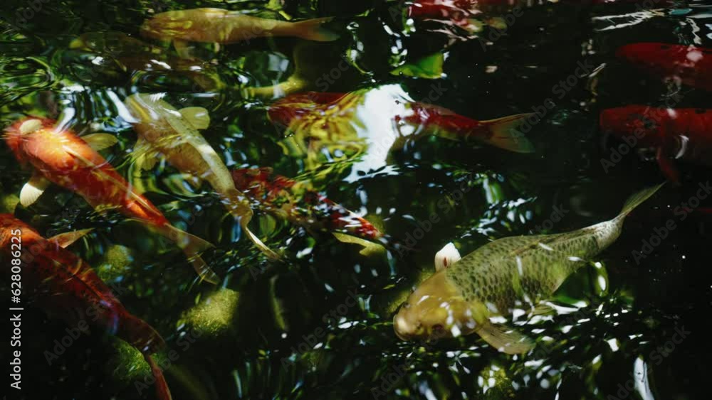 Koi fish carp swim in found under beautiful reflections and glare on ...