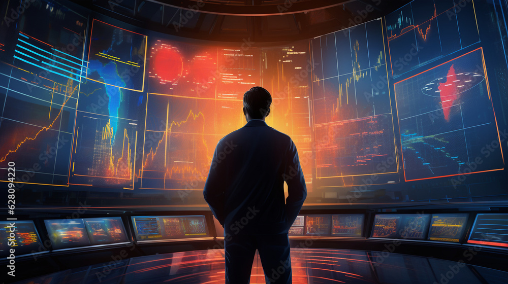 Depict a dramatic scene of a trader in action, standing in front of a ...
