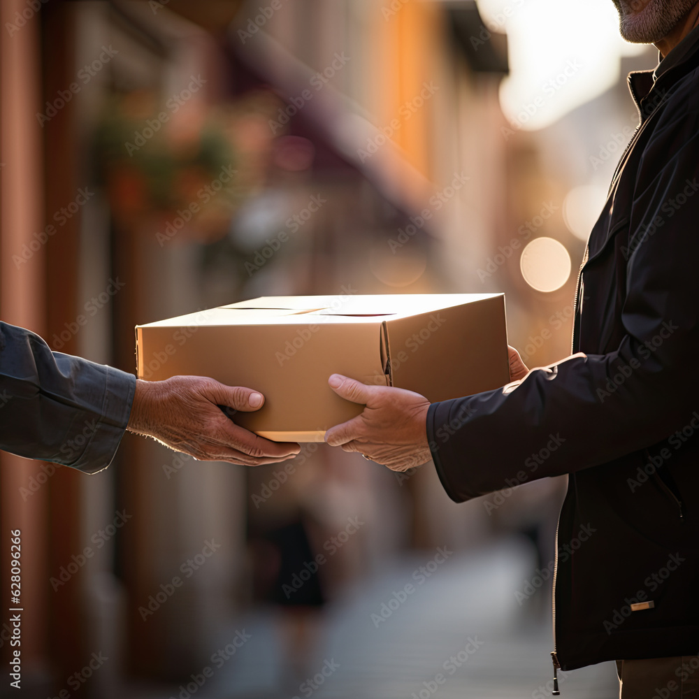 manos de personas entregando y recibiendo un paquete de carton ...