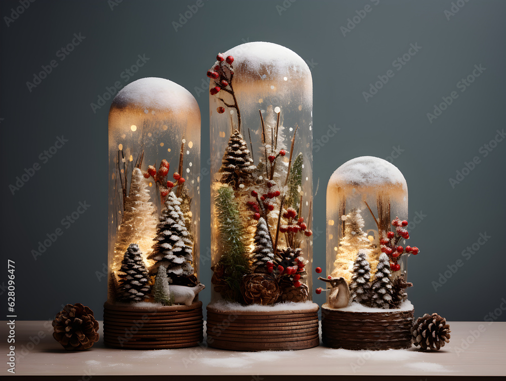 Merry Christmas and Happy New Year. Christmas trees in transparent dome ...