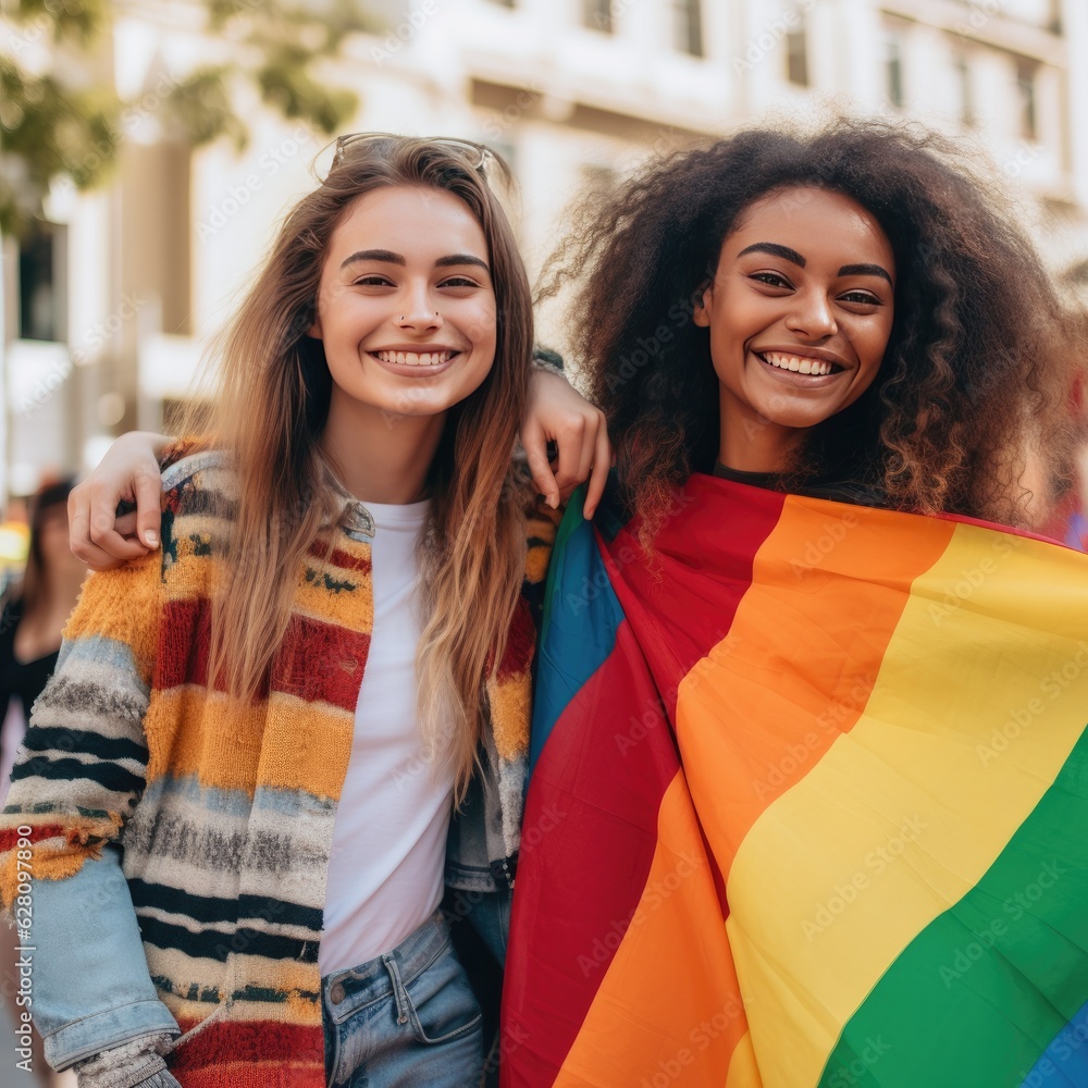 Young women on street enjoying holding gay pride flag. Diversity ...