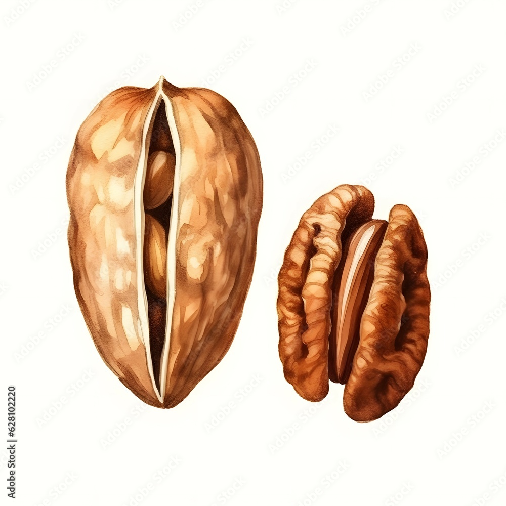 create a hand drawn watercolor clipart of a pecan, white background, 4k ...