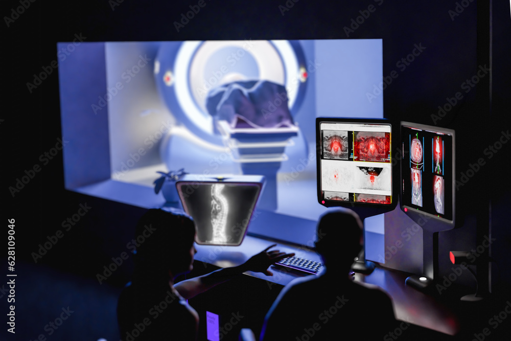 In Control Room Doctor and Radiologist Discuss Diagnosis while Watching ...