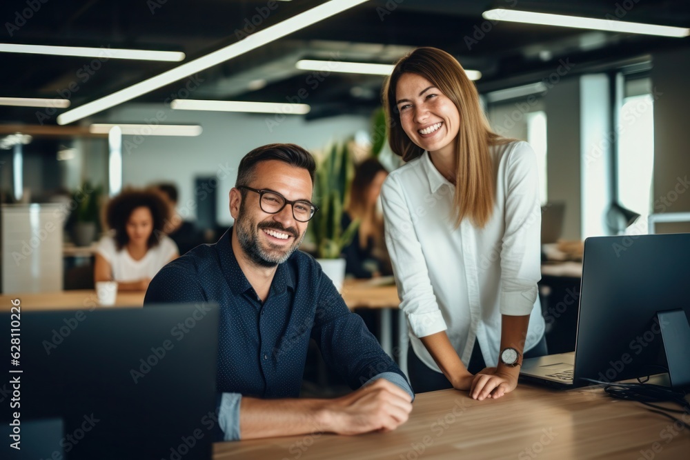 In the vibrant cool office, colleagues thrive. Creativity sparks as ...