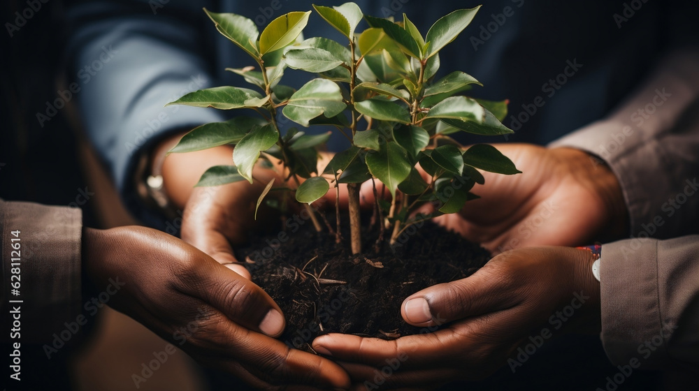 hands holding plant. Environmental cooperation. Unity of black people ...
