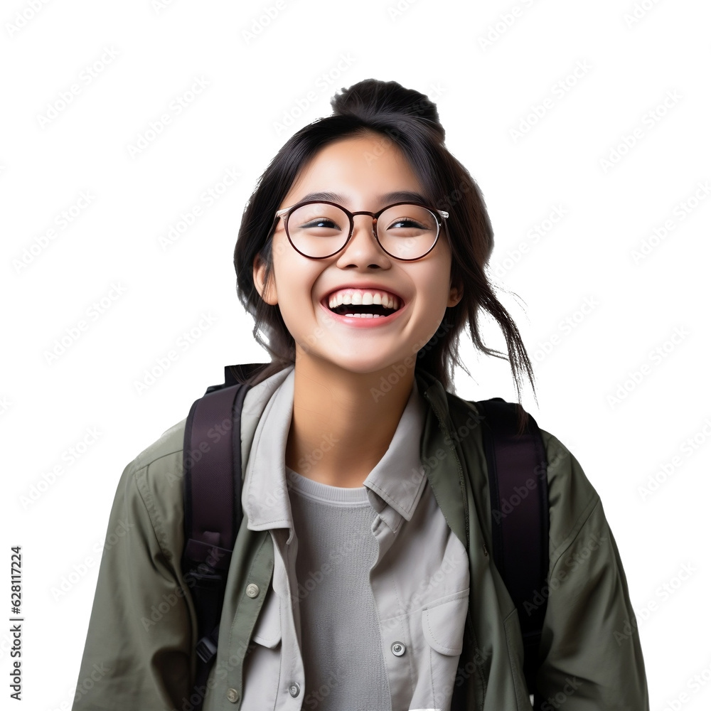 Asian female college student smiling with happiness on transparent ...
