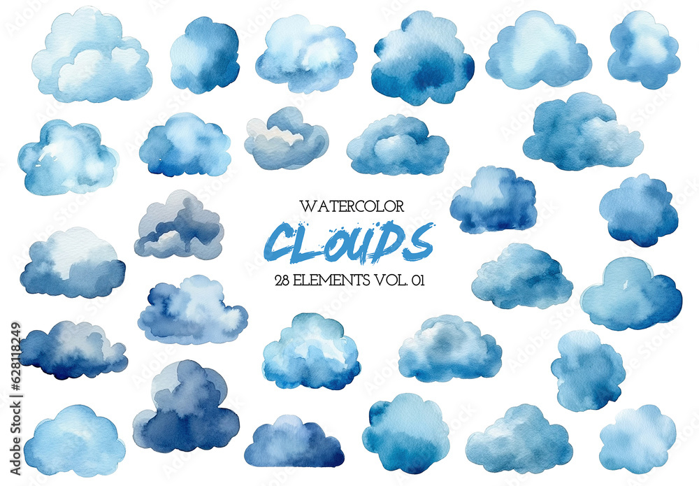 Watercolor painted blue clouds. Hand drawn design elements isolated on ...