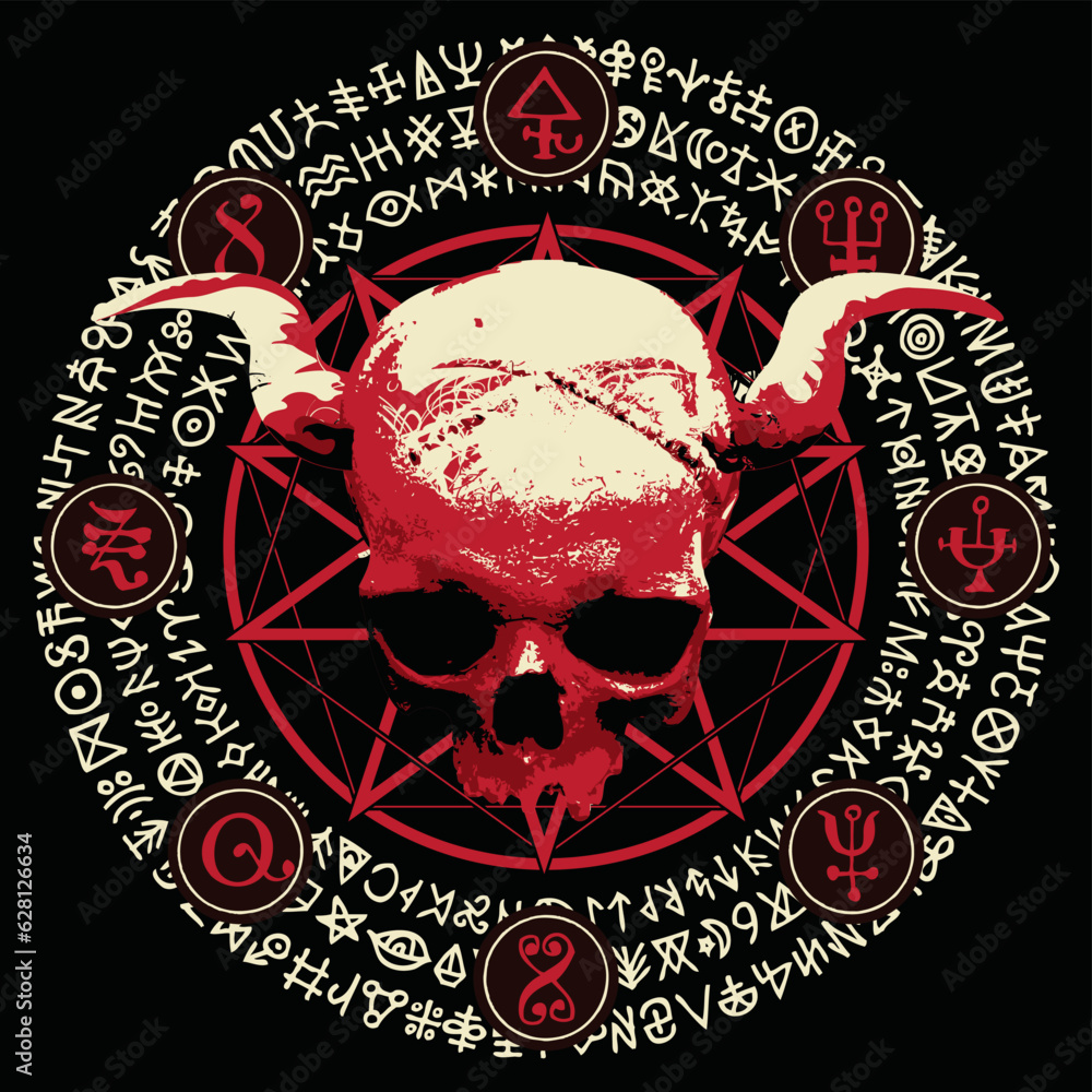 Vector illustration with people skull with horns, blood spots ...