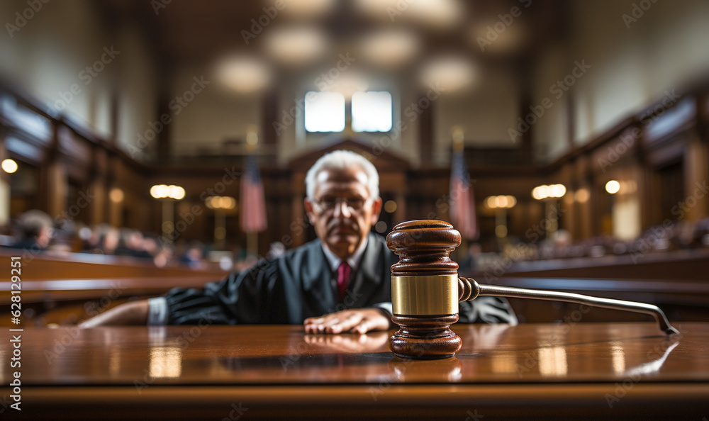 Stern judge with paper document pronouncing sentence in a court of law ...
