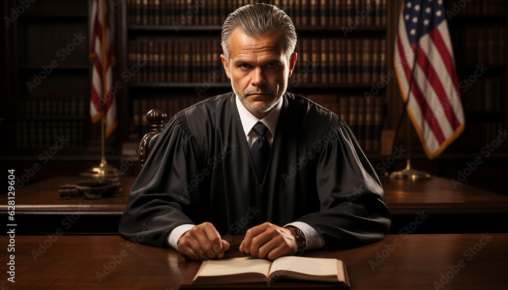 Stern judge with paper document pronouncing sentence in a court of law ...