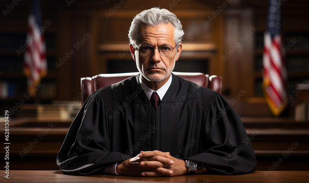 Stern judge with paper document pronouncing sentence in a court of law ...