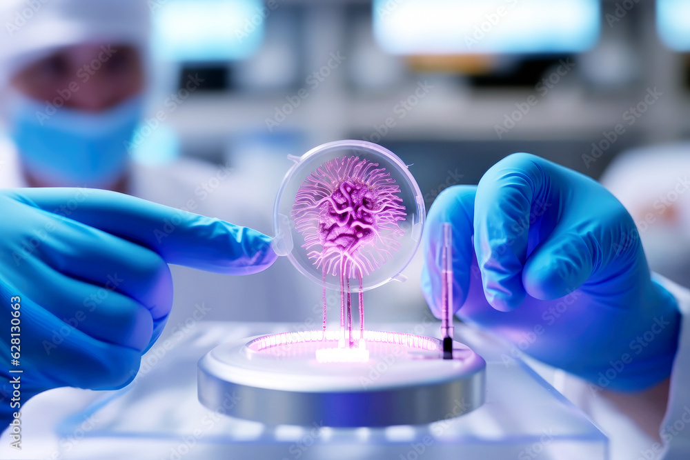 Hands of a scientist in blue gloves point to a chip intended to be ...