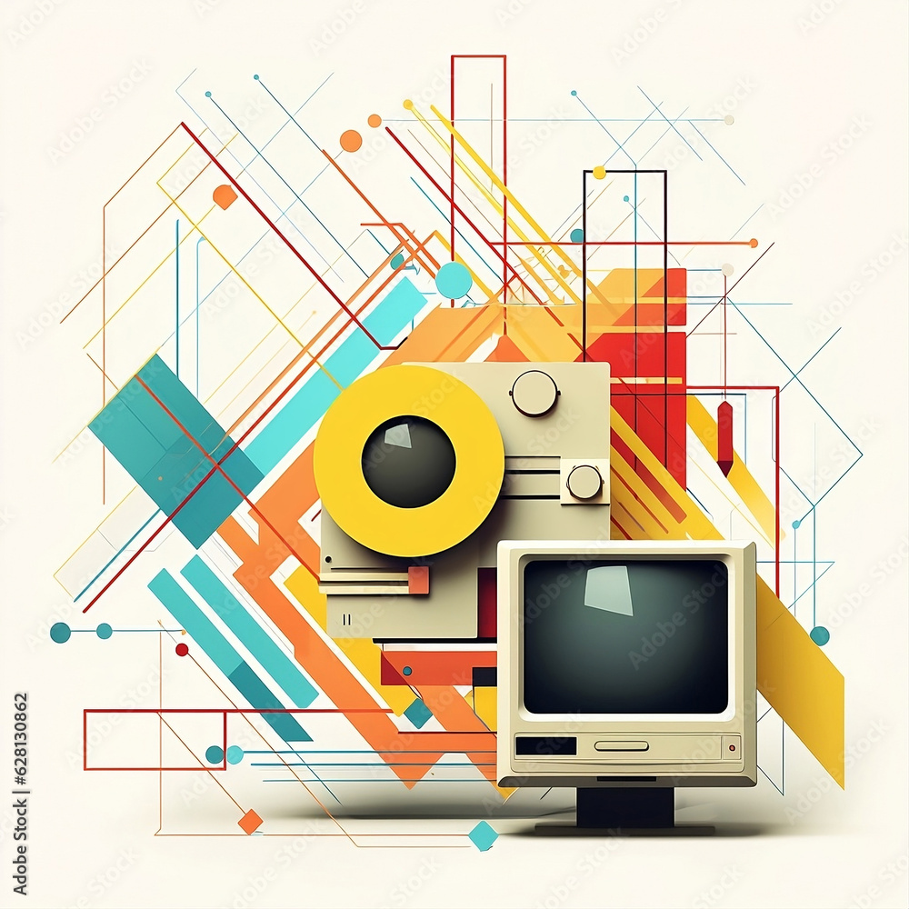 Computer screen illustration from the 90s. PC with monitor, keyboard in ...