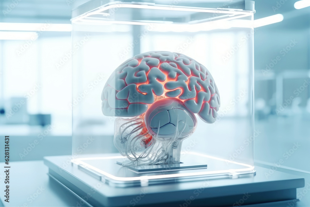 Modified brain behind transparent glass in a futuristic laboratory ...