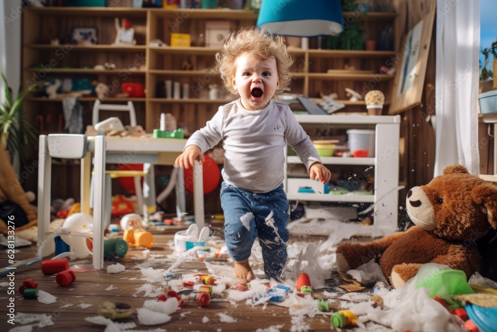 a playful hyperactive cute white toddler misbehaving and making a huge ...