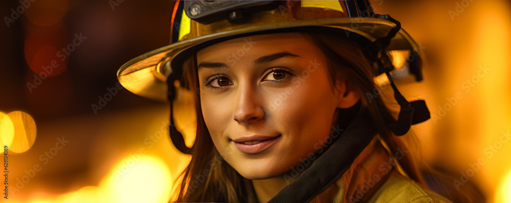 Intense young brunette firefighter in short, fire-resistant gear; her ...