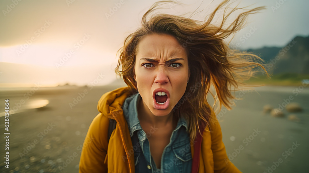 Captivating young woman expressing anger and indignation, imbuing an ...
