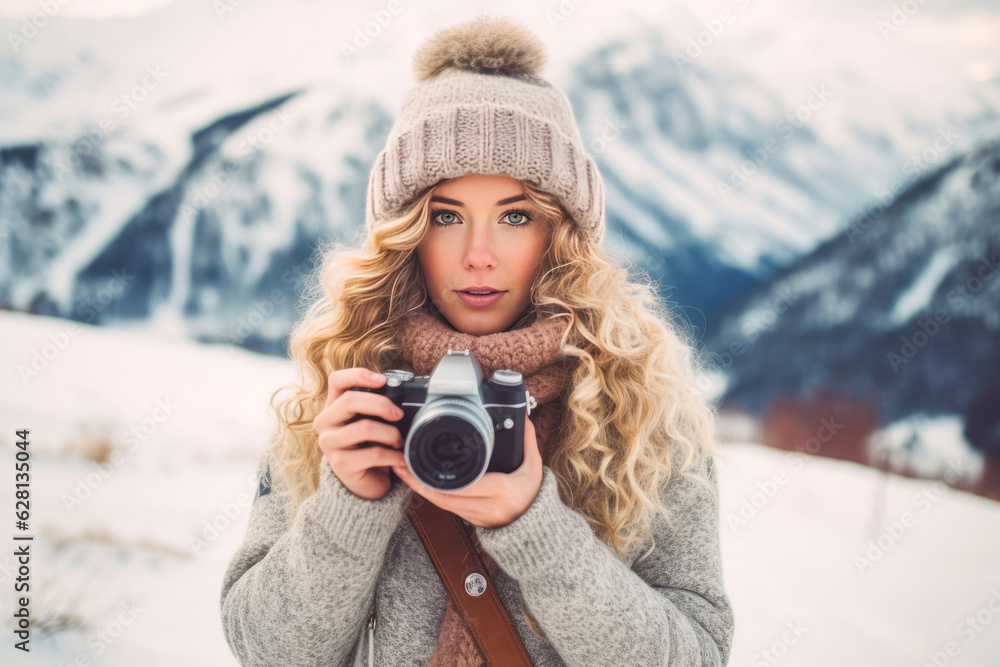 Captivating scene of woman in cozy fur-lined jacket, adventurously ...