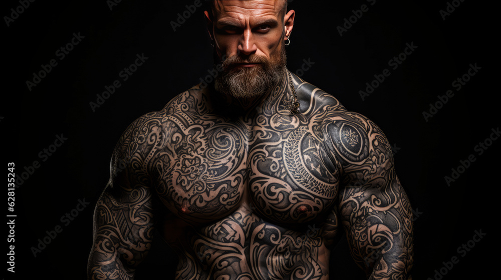 Striking tattooed bodybuilder showcasing art and strength against a ...