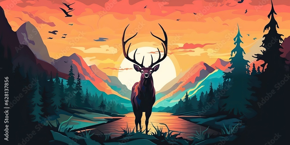 AI Generated. AI Generative. Nature outdoor forest mountain deer animal ...