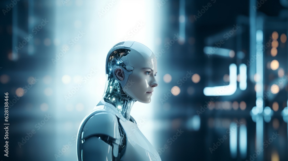 Humanoid female AI futuristic android, cyborg robot, vibrant neon neural network, futuristic ...