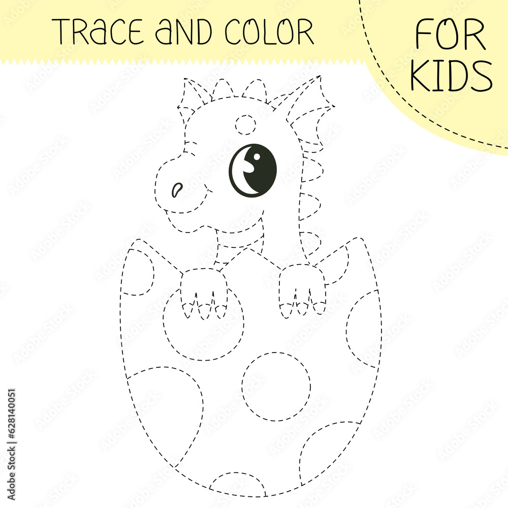 Trace and color coloring book with dragon in the egg for kids. Coloring ...